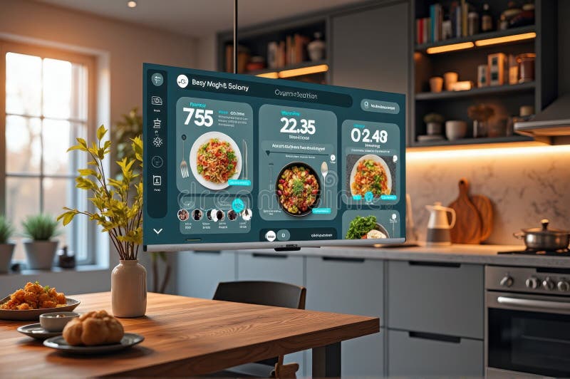 Futuristic Kitchen Smart Hub Displays Recipe with Calorie Tracking on ...