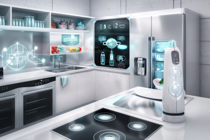 Futuristic Kitchen with Smart Refrigerator Displaying Digital Interface ...