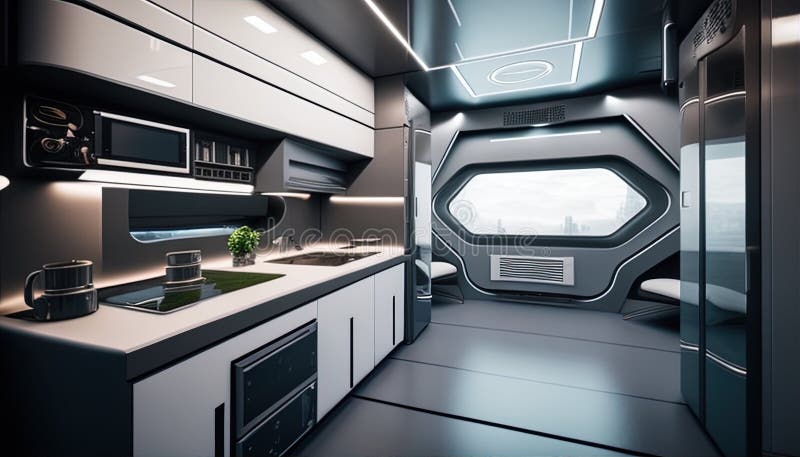 Futuristic Kitchen in Spaceship Design, Made with Generative AI Stock ...