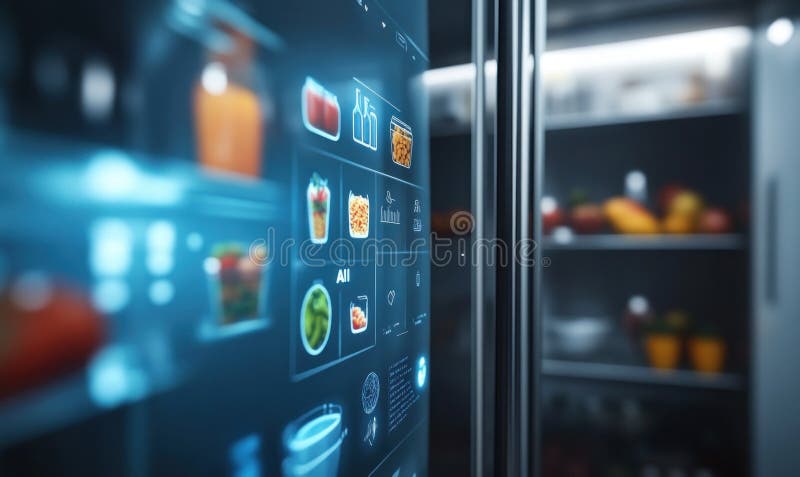 Smart Fridge with Holographic Display Interface Stock Photo - Image of ...