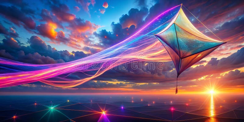 A Futuristic Kite Soars through a Vibrant Sunset Sky Above a Networked ...