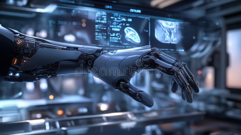 Futuristic Lab with an Advanced Robotic Hand and Interactive Tech ...