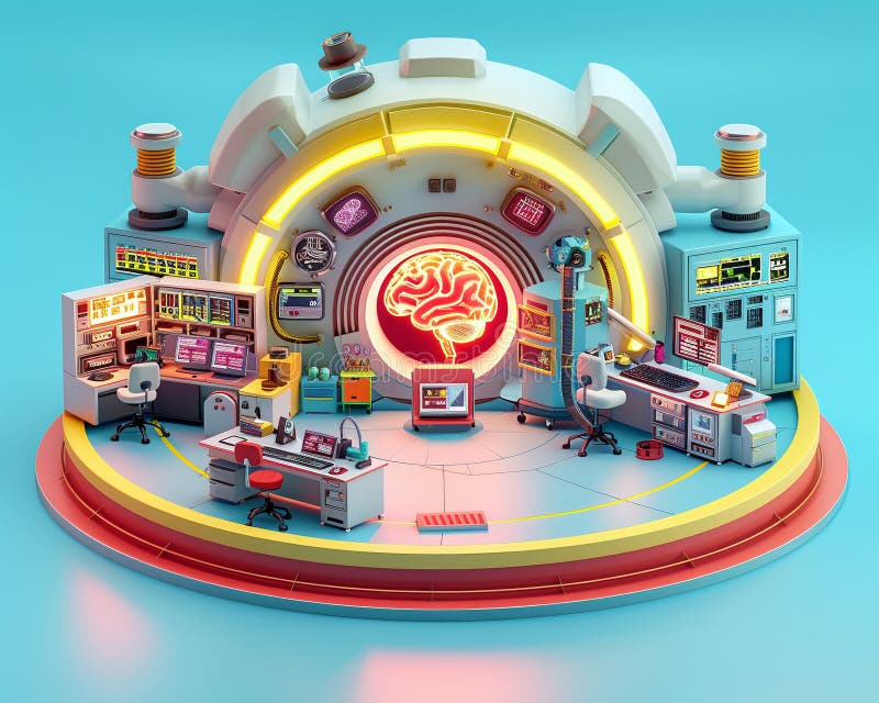 Futuristic Lab with Brain in Center, Lights Indicating Change, Top-down ...