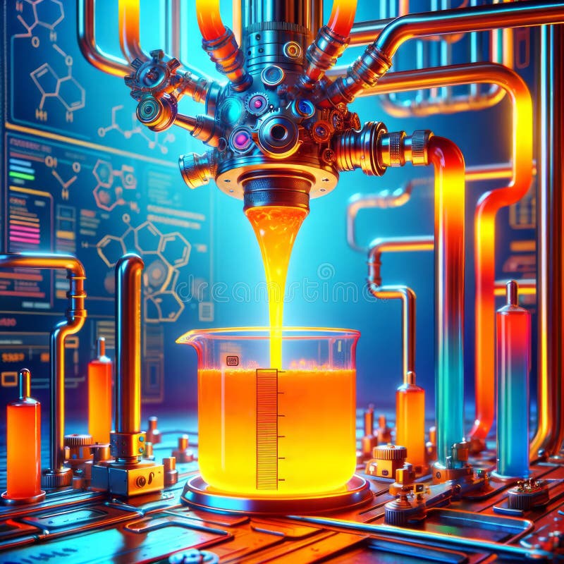 Futuristic Lab with a Complex Machine Pouring Orange Juice into a ...