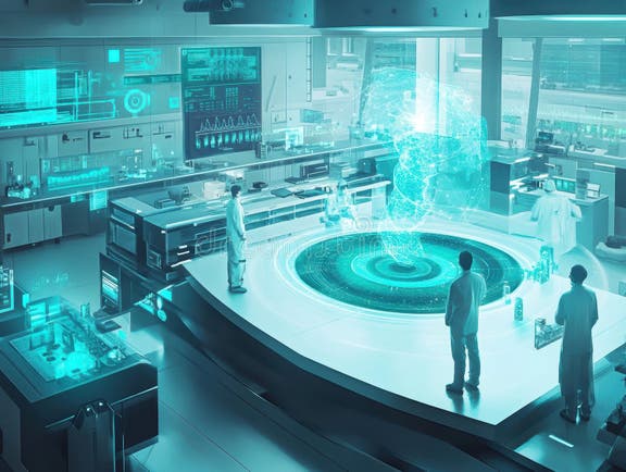 A Futuristic Lab or Control Room with Two Scientiststechnicians, a ...