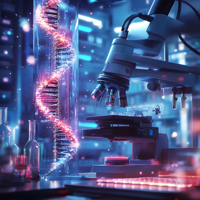Futuristic Lab with DNA Strand and Microscope Stock Illustration ...