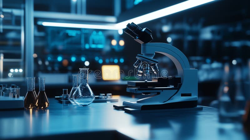 Futuristic Lab Environment Featuring Advanced Microscope and Various ...