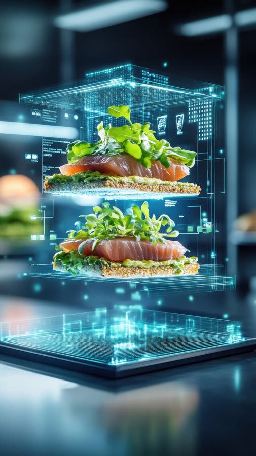 Futuristic Lab Examining a Tuna Sandwich with Advanced Nutritional ...