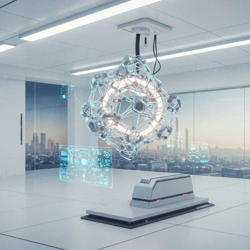 Futuristic Lab Featuring a Complex, Geometric, AI-generated Structure Suspended from Stock ...