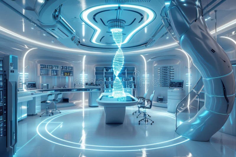 Futuristic Lab Interior with DNA Structure and Glowing Lights Stock ...
