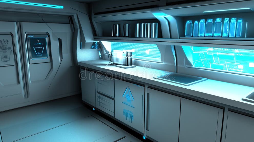 Futuristic Lab Interior, Spaceship Kitchen, Research, Glowing, Cyan ...