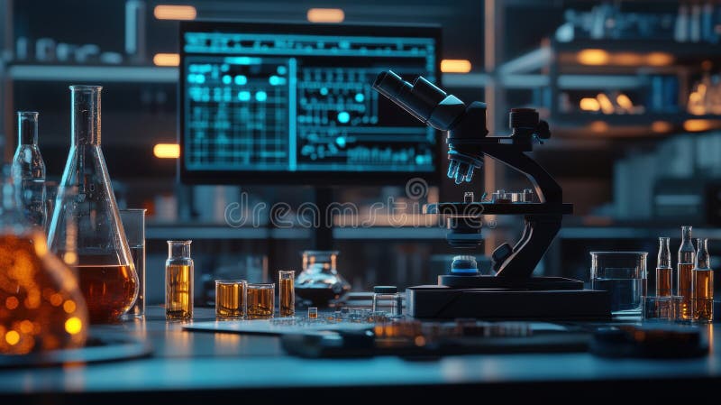 Modern Science Research, Futuristic Lab with a Microscope and Chemicals ...