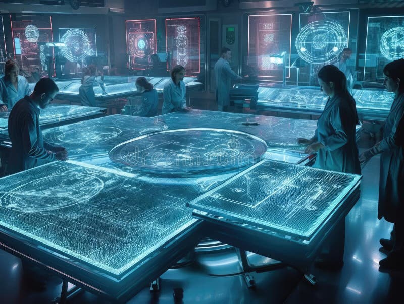 Futuristic Lab People Analyzing Holographic Data Stock Illustration ...