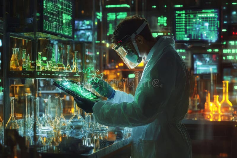 A Scientist Works Diligently in a Modern Lab Filled with Glowing ...