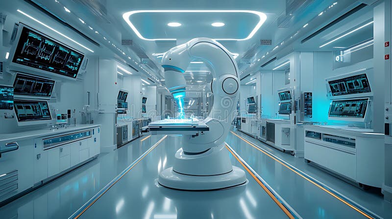 Futuristic Lab Robotic Arm Scans Sample, Monitors Display Stock ...