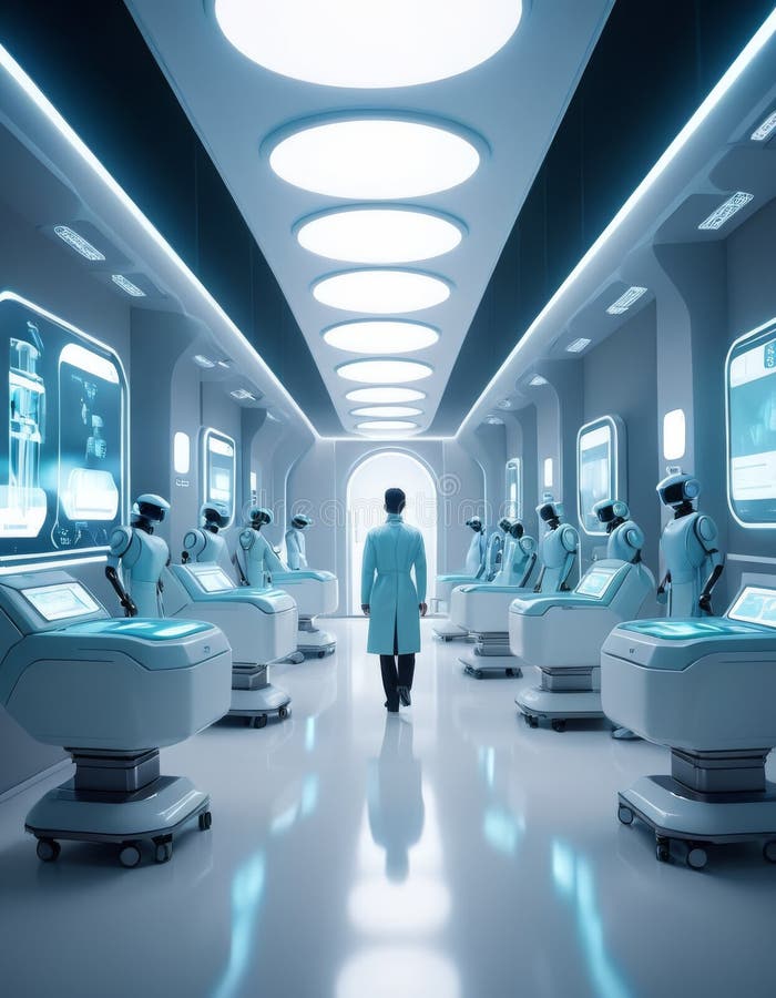 Futuristic Lab with Robots and Scientist in White Coat Stock ...
