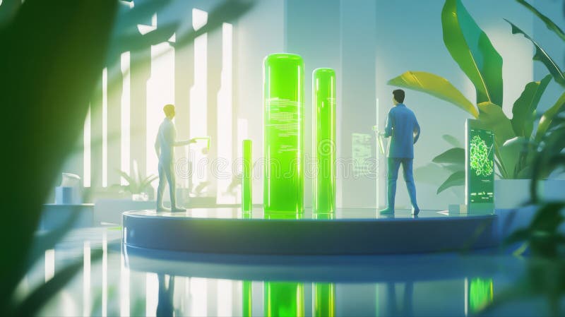 Futuristic Lab with Scientists Examining Glowing Green Liquid in an Eco ...