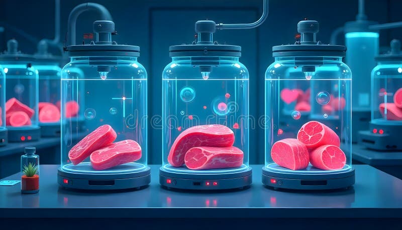 Futuristic Lab-Grown Meat in Glass Containers with Advanced Blue Light ...