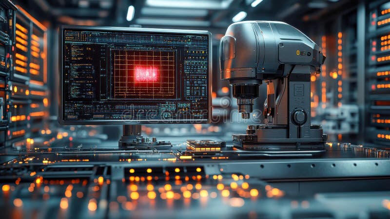A Futuristic Lab Setup with a Microscope and a Glowing Computer Screen Displaying Complex Data ...