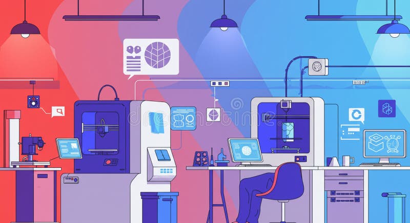 Futuristic Laboratory with Advanced 3D Printers and Digital Interfaces. Two Large 3D Stock ...