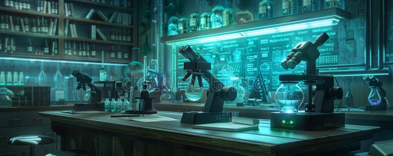 Futuristic Laboratory with Advanced Microscopes and Scientific ...