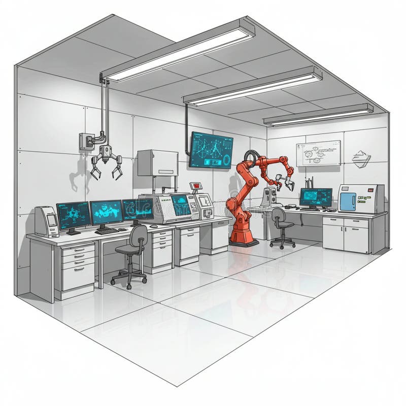 Futuristic Laboratory with Advanced Robotic Arm Amid a Workspace Filled ...