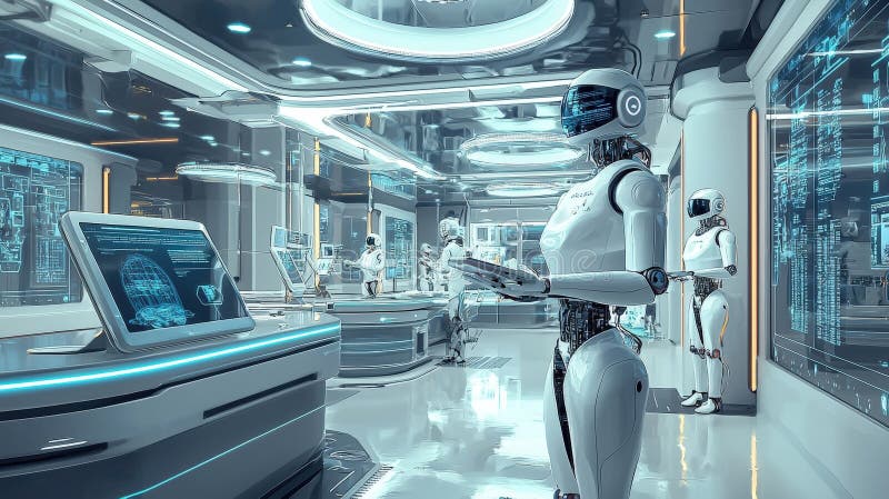 Futuristic Laboratory with Advanced Robots and High-Tech Interfaces ...