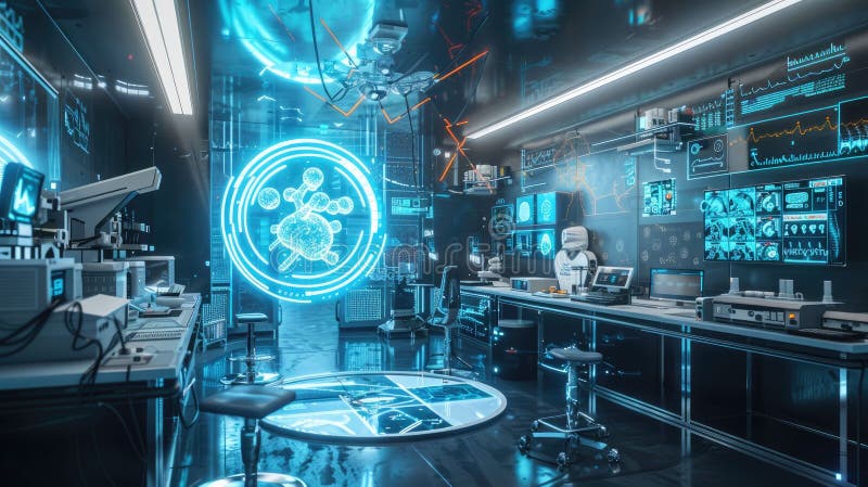 Futuristic Laboratory with Blue Holographic Displays and Advanced ...
