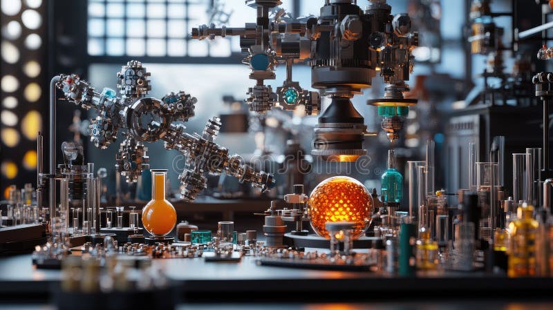 A Futuristic Laboratory with a Complex Machine and Beakers Vials and ...