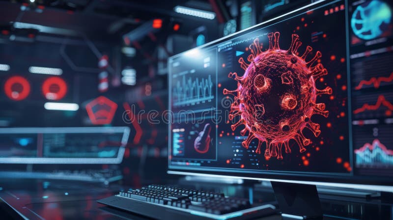 Futuristic Laboratory with a Computer Displaying a 3D Model of a Virus ...