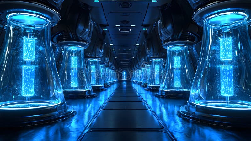 Futuristic Laboratory Corridor with Glowing Blue Tubes and Cylinders ...