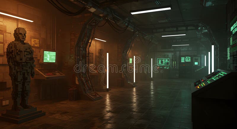 Futuristic Laboratory Corridor: Pixel Art Robot Statue and Advanced ...