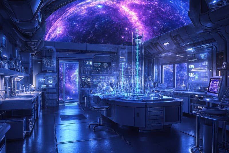 Futuristic Laboratory with Cosmic Elements and Advanced Technology at Night Stock Image - Image ...