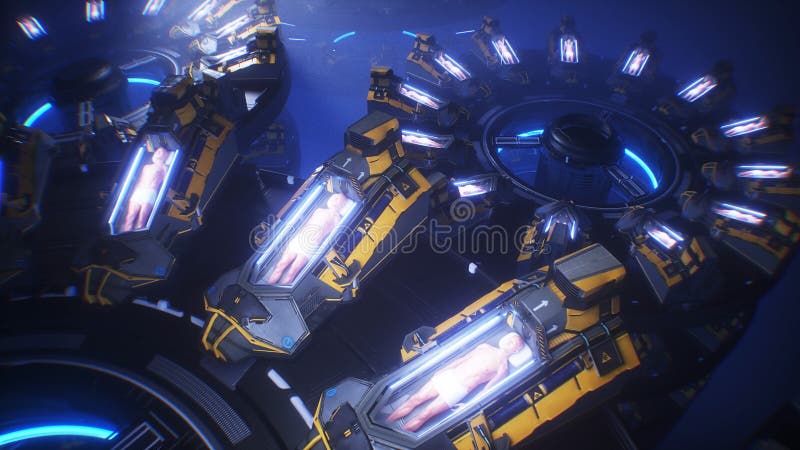 Futuristic Laboratory with Cryocapsules with Sleeping Peoples. Cryo ...