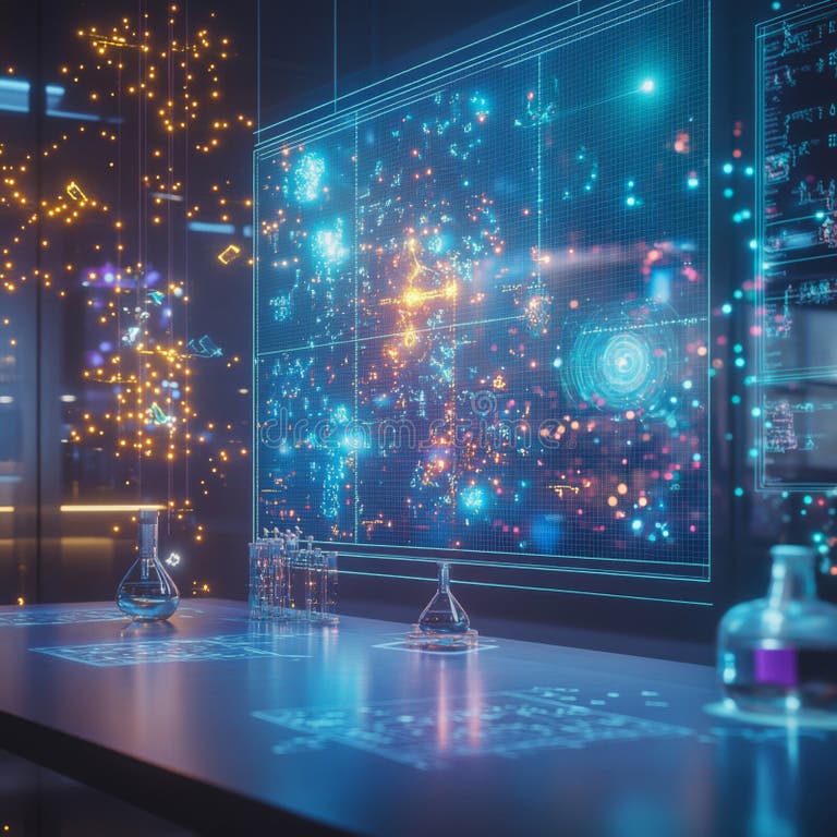 Futuristic Laboratory with Data Visualization and Beaker Display Stock ...