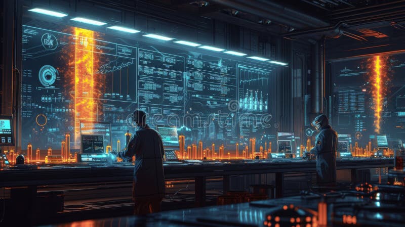 A Futuristic Laboratory is Depicted with Scientists Studying Complex ...