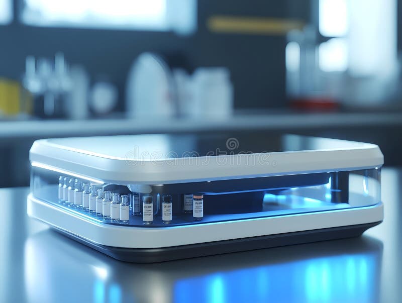 Futuristic Laboratory Equipment with Glowing Blue Light Stock ...