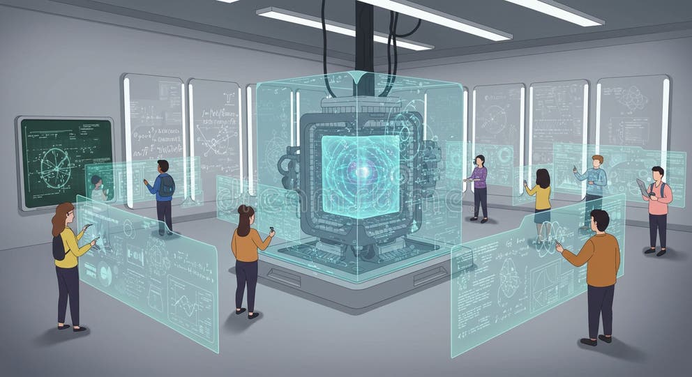 Futuristic Laboratory Featuring a Central Quantum Computer Enclosed in ...