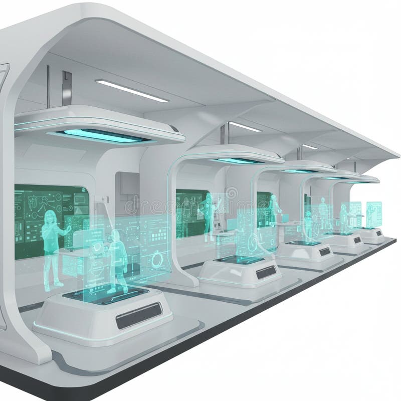 Futuristic Laboratory Featuring Four Holographic Workstations, Each ...