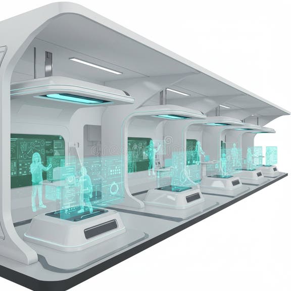 Futuristic Laboratory Featuring Four Holographic Workstations, Each ...