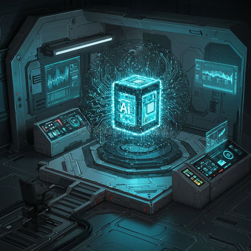 Futuristic Laboratory Featuring a Glowing Cube Labeled "AI" at the Center of a Stock ...