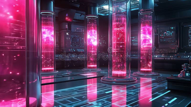 Futuristic Laboratory Featuring Glowing Pillars and Advanced Technology ...
