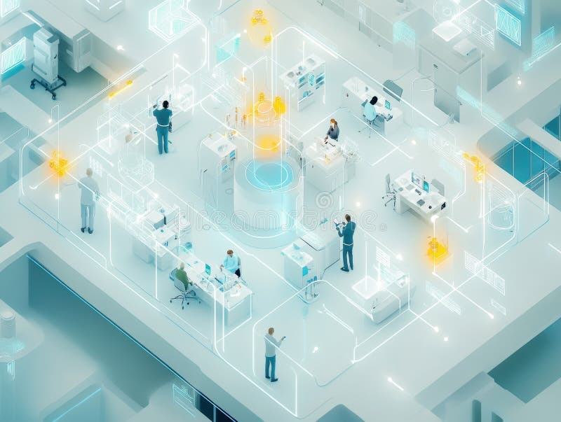 A Futuristic Laboratory Filled with People Working at Computers or with ...