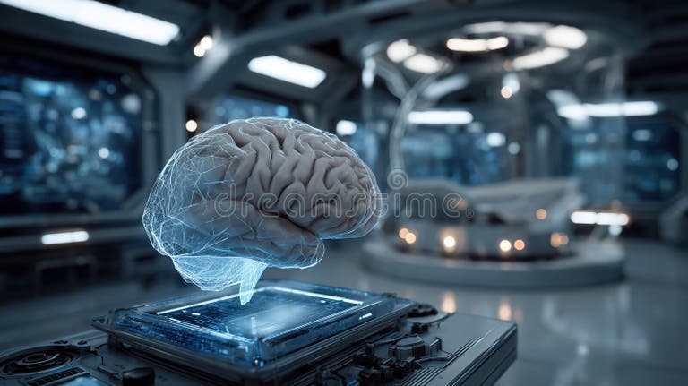 Futuristic Laboratory with Floating Brain Hologram on a Tech Platform for Advanced Research ...
