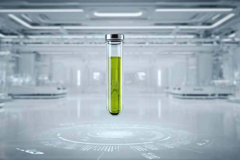 Futuristic Laboratory with Floating Test Tube and Green Liquid in Focus ...