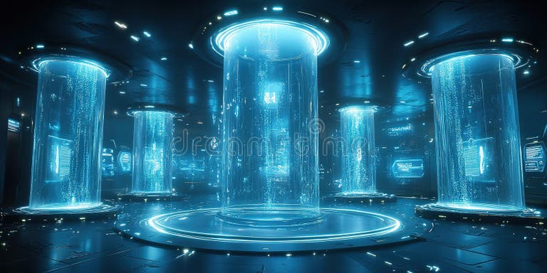 Futuristic Laboratory with Glowing Cylindrical Chambers and Digital ...