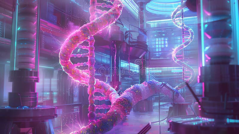 A Futuristic Laboratory with Glowing Deoxyribonucleic Acid DNA Helixes ...