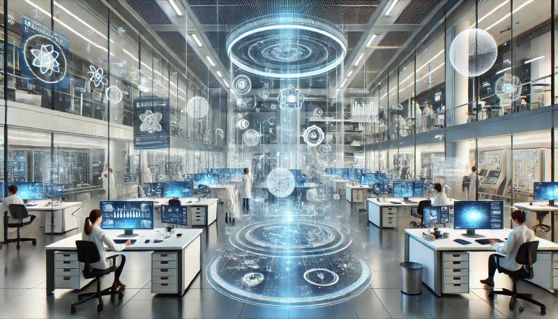 Futuristic Laboratory with Holographic Atom Displays and Advanced ...