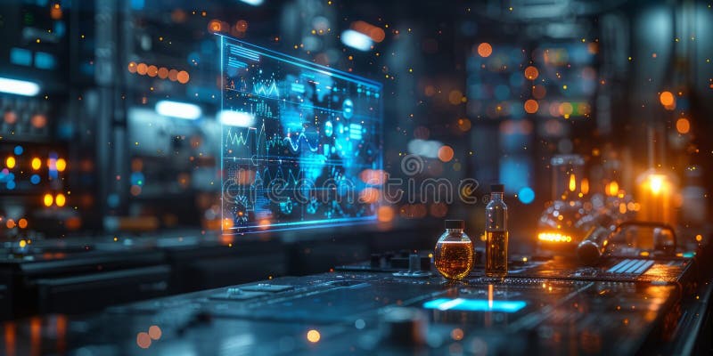 Futuristic Laboratory with Holographic Data Displays, Scientific ...