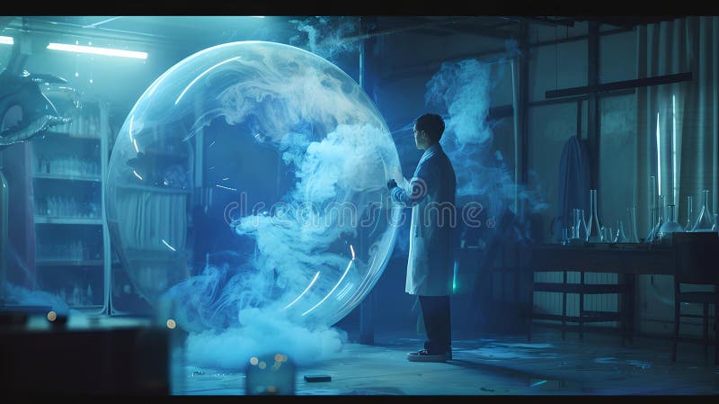 Futuristic Laboratory with Holographic Earth. Scientist Analyzing ...
